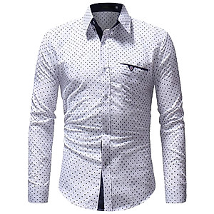Mens Polka Dots Dress Shirts Casual Classic Printed Long Sleeve Shirt Turn-Down Collar Slim Fit Button Down Shirt (White,Large)
