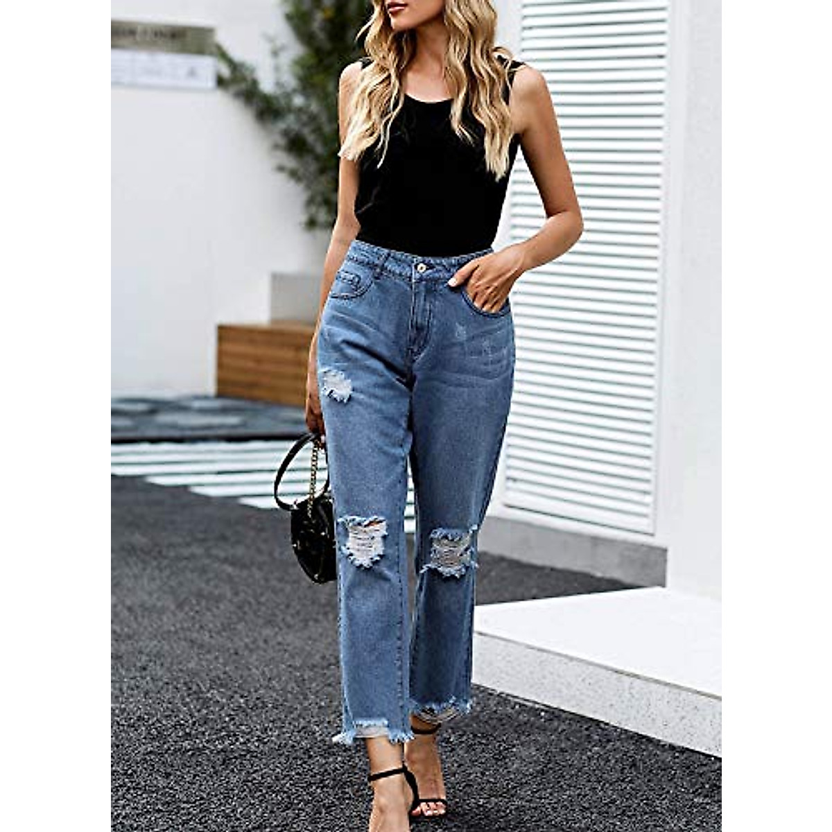 Sidefeel Women's Boyfriend Jeans Loose Stretchy Ripped Distressed Denim Pants Size 8 Sky Blue