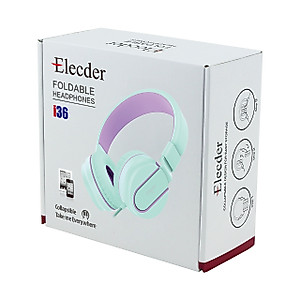 ELECDER i36 Kids Headphones Children Girls Boys Teens Foldable Adjustable On Ear Headphones 3.5mm Jack Compatible Cellphones Computer Kindle MP3/4 School Tablet Green/Purple