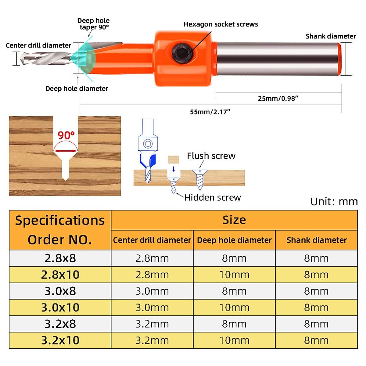 SENDRILL Wood Working Countersink Drill Bit Set Round Shank for Timber Working, with Hex Key Wrench（6PCS)