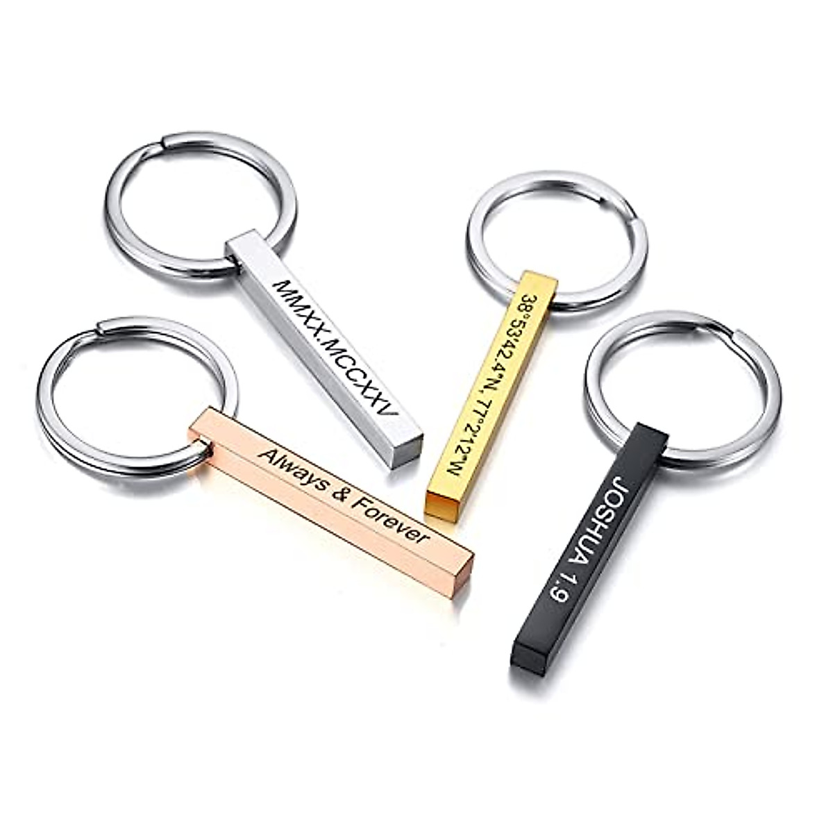 VNOX Customize Stainless Steel 3D Dainty 4 Sided Vertical Cuboid Bar Keychain for Men Women,Set for 4