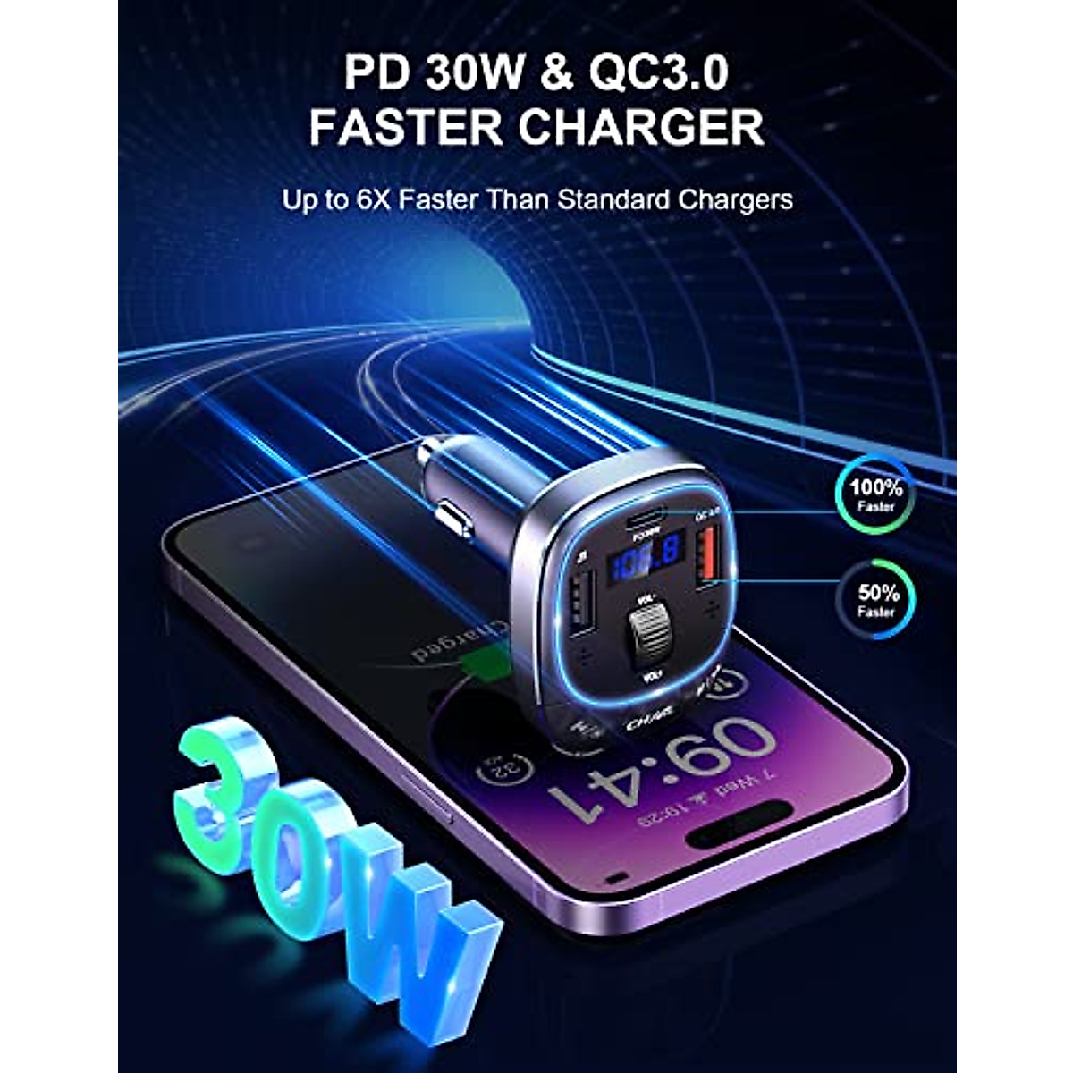 RIWUSI Bluetooth Car Adapter, [PD 30W+QC 3.0] [Stronger Dual Mic & Bass Boost] Bluetooth 5.0 FM Transmitter for Car, Hands-Free Music Player/Car Kit with Stunning 8 Colors Backlit & U Disk