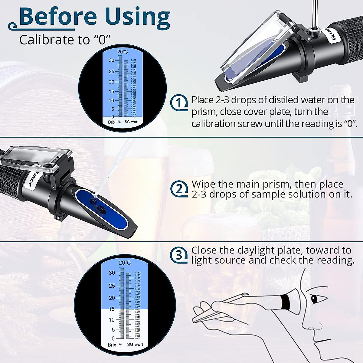 ALLmeter Brix Refractometer with ATC Dual Scale Specific Gravity 1.000-1.130 and Brix 0-32% Digital Handheld Homebrewing Tool for Beer and Wine Makers Homebrew Brix Meter Fruit Sugar Content