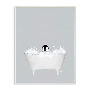 Stupell Industries Penguin Blue Bath Cute Animal Design, Designed by Leah Straatsma Art, 10 x 0.5 x 15, Wall Plaque