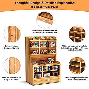 Marbrasse Wooden Pen Organizer, Multi-Functional DIY Pen Holder Box, Desktop Stationary, Easy Assembly, Home Office Art Supplies Organizer Storage with Drawer (B16-Cherry Color)