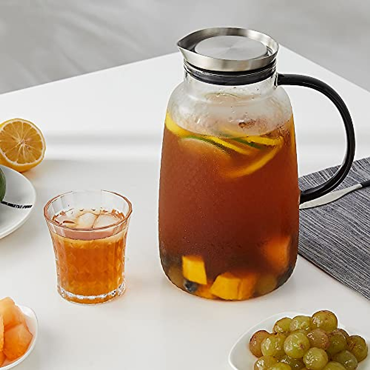 Purefold 80 ounces “Pineapple Series” Glass Pitcher with Stainless Steel Lid, Hot and Cold Water Carafe, Fruit Tea Coffee Maker, Ice Tea Pitcher, Juice Jar