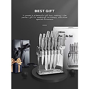 Aiheal Knife Set, 14PCS Stainless Steel Kitchen Knife Set with Clear Knife Holder, No Rust and Super Sharp Cutlery Knife Set in One Piece Design with Knife Sharpener for Kitchen, Serrated Steak Knives