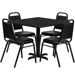 Flash Furniture Carlton 36'' Square Black Laminate Table Set with X-Base and 4 Black Trapezoidal Back Banquet Chairs
