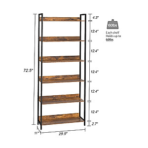 Surksis 6-Tier Bookshelf, Large Bookshelf, Industrial Bookcase with Open Shelves, Tall Book Shelf for Living Room, Home Office, Study, Bedroom, 11 x 29.9 x 72.5 Inches, Rustic Brown and Black