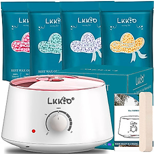 LKKRO Waxing Kit, Wax Warmer Hair Removal for Women, Brazilian Wax Melting Pot, Home Waxing Hair Removal kit with 4 Bags Hard Wax Beans & 10 Applicator Sticks, for Body, Legs, Face, Underarm, Bikini,
