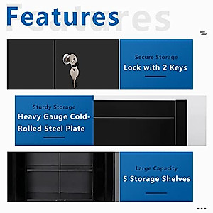 Metal Storage Cabinets with Locking Doors and Adjustable Shelves, Steel Storage Cabinet for Garage, Office, Classroom - Black