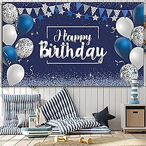 Happy Birthday Decorations Backdrop, Glitter Birthday Backdrop Sign, Happy Birthday Banner, Birthday Party Supplies Photo Background for Children Men Women, 72.8 x 43.3 Inch (Silver and Navy Blue)