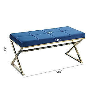 Velvet Upholstered Bench，Stainless steelMetal Frame (Blue)