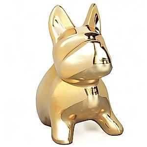 Ceramic Bulldog Piggy Bank for Boys Girls, Money Box for Kids, Coin Bank Keepsake with Plastic Stopper, French Bulldog Saving Jar, Nursery Décor (Golden)