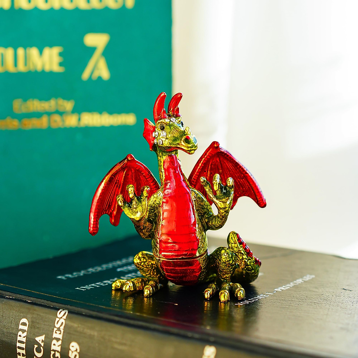 YU FENG Cute Red Pterosaur Trinket Boxes Hinged Crystal Jeweled Dinosaur Animal Figurines Jewelry Display Ring Holder Box