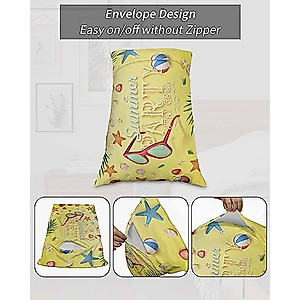 Edwiinsa Summer Beach Party Pillow Covers Standard Size Set of 2 20x26 Bed Pillow, Tropical Leaves Starfish Seashells Yellow Plush Soft Comfort for Hair/Skin Cooling Pillowcases with Envelop Closure