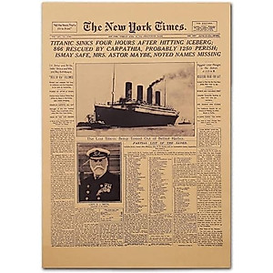 Vintage Titanic Poster 20" x 14" Unframed New York Times Titanic Disaster 1912 History Front Sheet Page Kraft Paper Titanic Sinking Poster Retro Decor Western Art Prints Home Decor