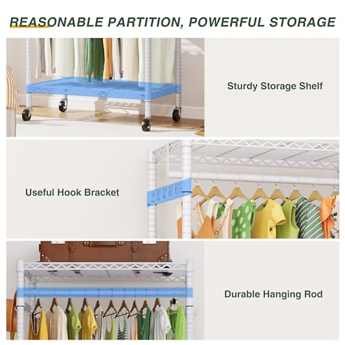 LEHOM G1 Heavy Duty Clothes Rack, 3 Tiers Rolling Garment Rack for Hanging Clothes, Adjustable Wire Clothing Rack with Storage Shelves, Lockable Wheels Freestanding Closet Wardrobe for Bedroom, White