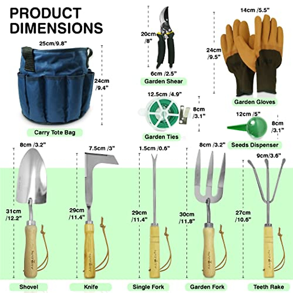 Natury Gardening Tool Set – Premium Stainless Steel Gardening Hand Tools with Solid Beechwood Handle – Gardening Kit with Rake, Shovel, Gloves, Shears, Tool Organizer – Garden Gifts for Women and Men