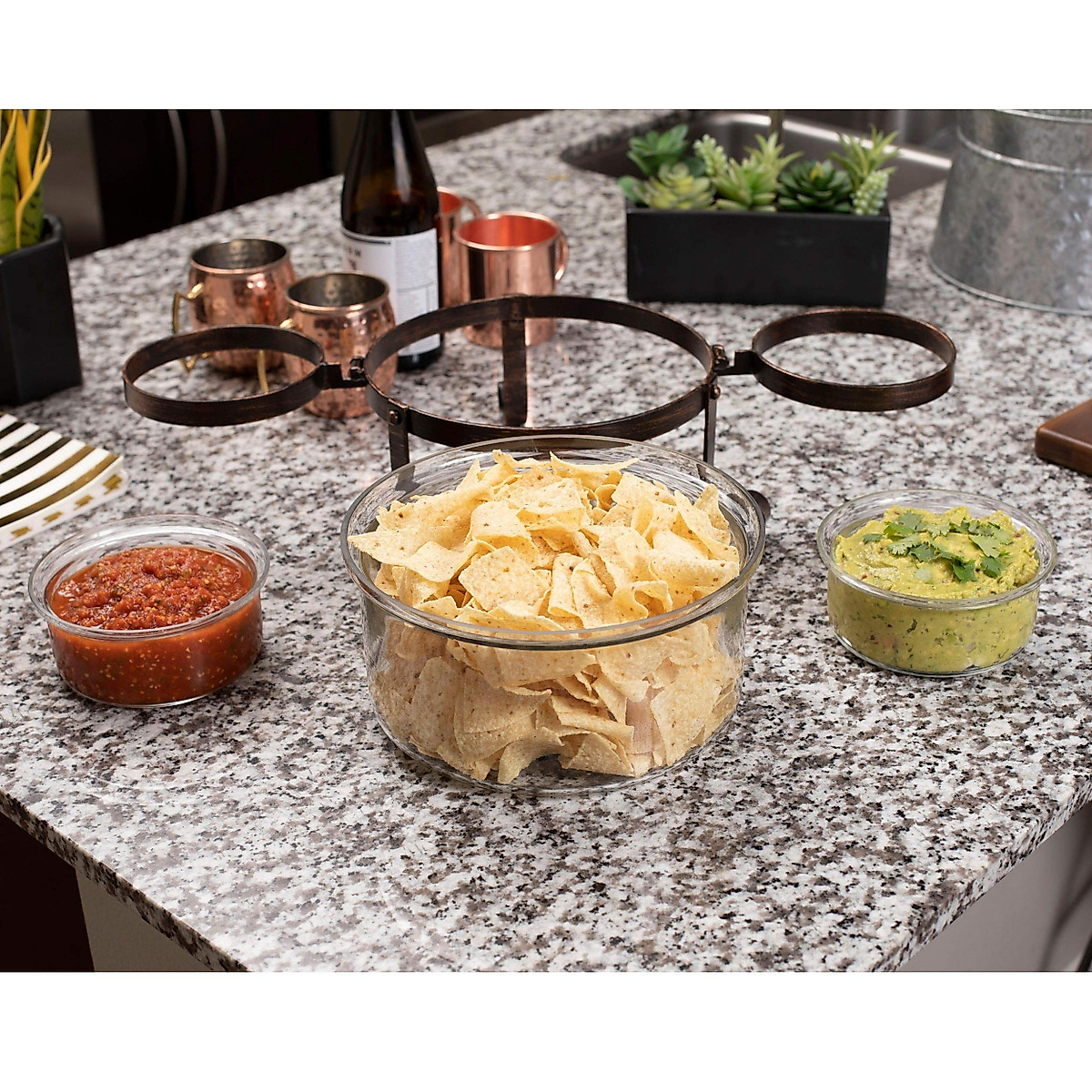 BIRDROCK HOME Chip and Dip Serving Bowl Set - Triple Glass Bowls with Metal Frame - Salsa Appetizer Party Serveware - Veggie, Shrimp, Guacamole, Chips and Taco Platter - Party Size - Compact Storage