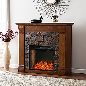 SEI Furniture Elkmont Faux Stone/Engineered Wood Smart Electric Fireplace in Oak