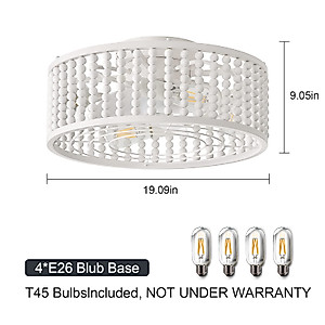 Liokoc Ceiling Fans with Remote, Caged Ceiling Fan with Handcrafted Beaded Décor 6 Speeds Reversible 19 inches Bulbs Included for Flush Mount Ceiling, Off-White