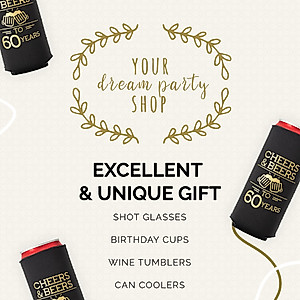 Cheers and Beers to 60 Years Can Coolers, 60th Birthday Party Coolies, Set of 12, Black and Gold Can Coolers, Perfect for Birthday Parties, Birthday Decorations