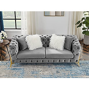 Melpomene Contemporary Velvet Upholstered Sofa Couch with Deep Button Tufting and Custom Gold Chrome Legs,Grey