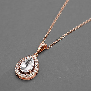 Mariell Rose Gold Cubic Zirconia Crystal Bridal Necklace, Teardrop Pendant Wedding Prom Jewelry Gift