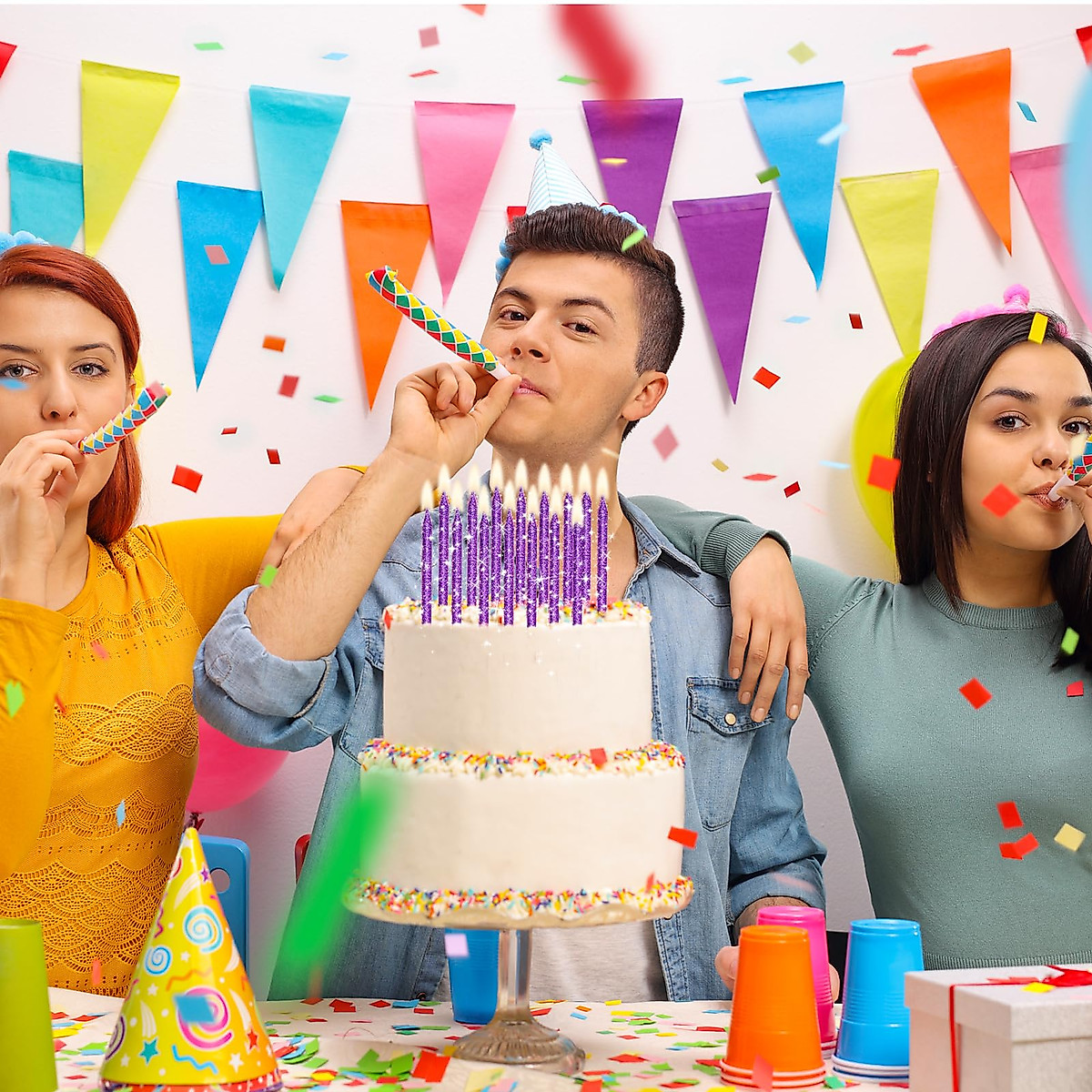 24-Count Glitter Long Thin Birthday Candles, Dark Purple Long Stick Birthday Cake Candles Set, Cake Candles Decorations for Birthday Party Wedding Anniversary Supplies