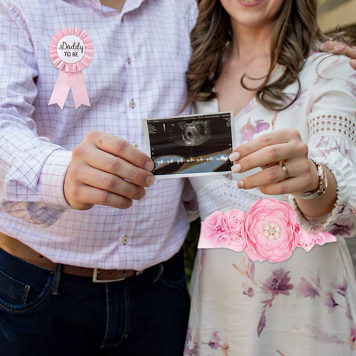 Pink Baby Shower Sash and Pin, Maternity Sash and Mommy Daddy Corsage Set Girl, Pearls Flowers Pregnant Sash Belt, Mom and Dad to be Badge Tinplate for Gender Reveal Party