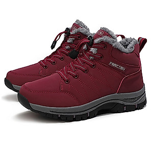 ZHNSHM Womens Winter Boots Casual Lightweight Waterproof Snow Boots Anti-Slip Fur Lined Trekking Backpacking Hiking Boots… Red