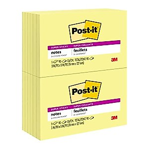 Post-it Super Sticky Notes, 3 in x 5 in, 12 Pads, 2x the Sticking Power, Canary Yellow, Recyclable (655-12SSCY)