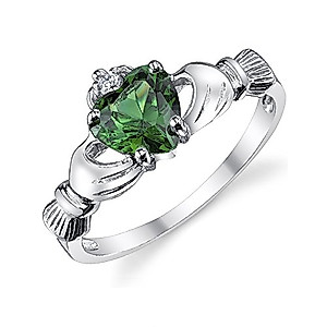 Sterling Silver 925 Irish Claddagh Friendship & Love Ring with Simulated Emerald Green Color Heart Cubic Zirconia 6