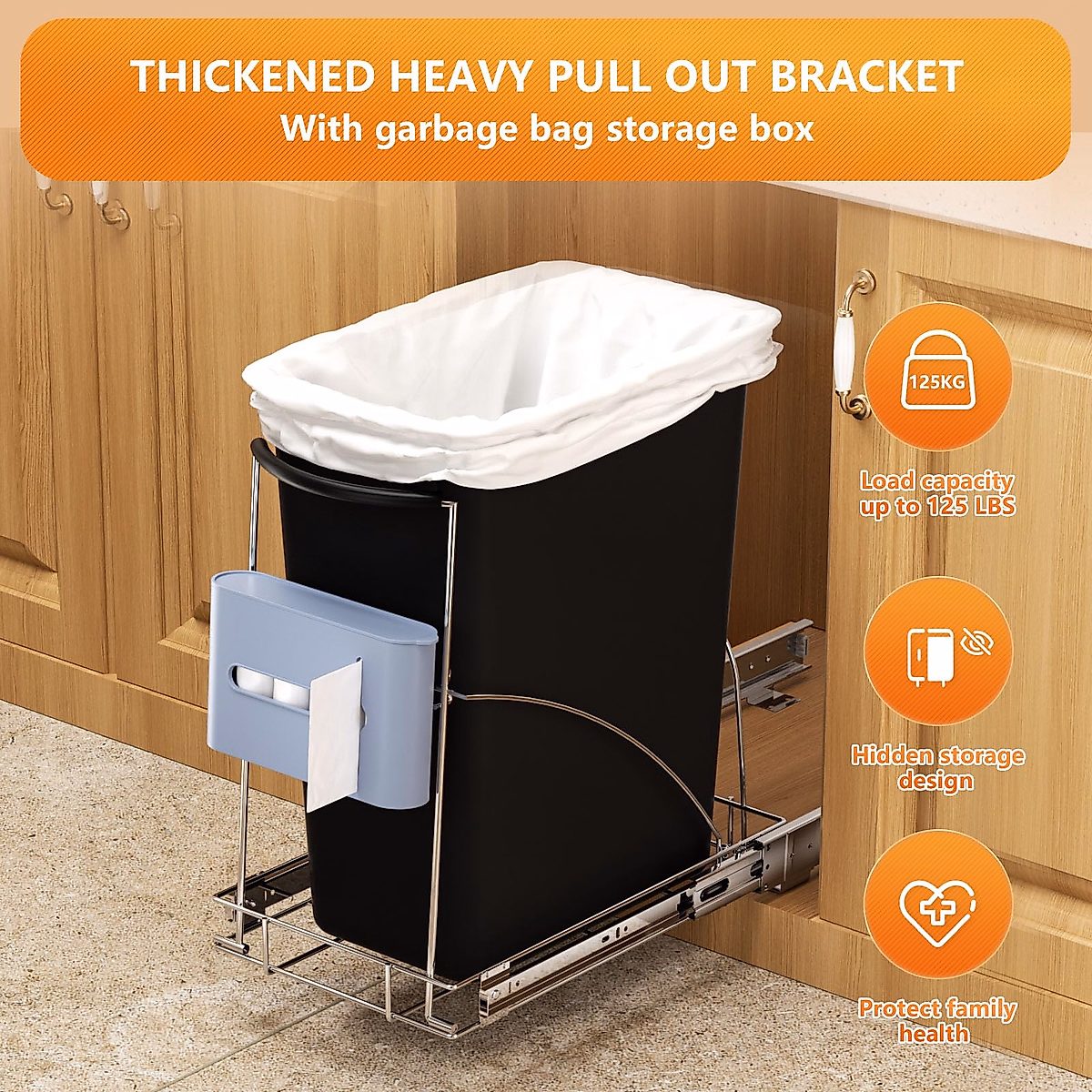 Pull Out Trash Can Under Cabinet with Garbage Bag Holder，Heavy Duty Under Sink Garbage Can Pull Out Kit-Up to 125 lb，Fit for 7–13 Gallon Cans ，Chrome (Trash Can Not Included)