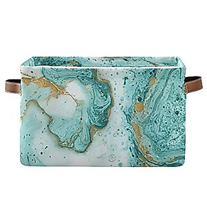 Kigai Turquoise Marble Texture Storage Baskets Rectangle Foldable Canvas Fabric Organizer Storage Boxes with Handles for Home Office Decorative Closet Shelves Clothes Storage