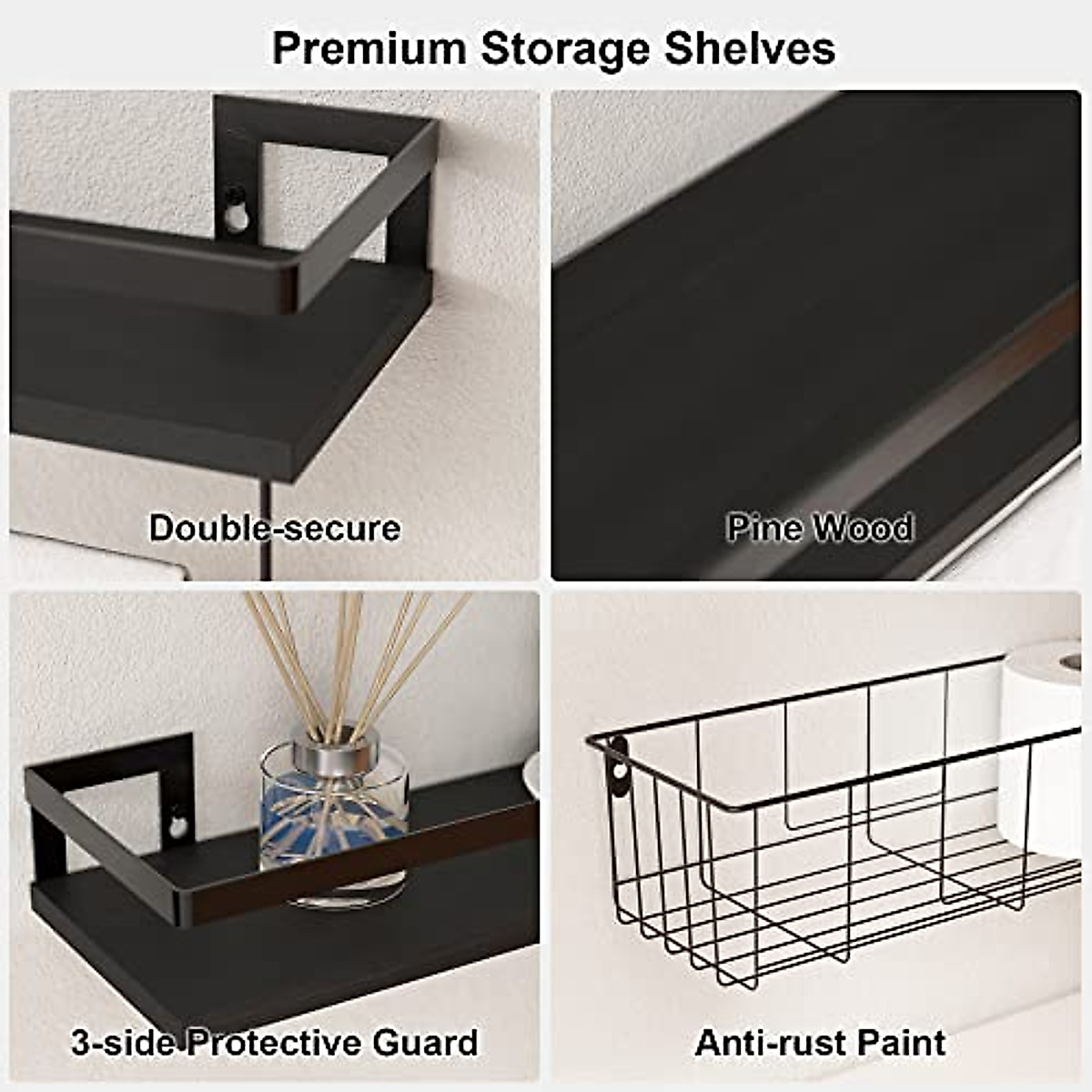 Richer House Floating Shelves with Wire Basket, Rustic Wall Shelves with Removable Towel Bar, Black Bathroom Shelves for Wall Decor, Kitchen, Living Room, Bedroom