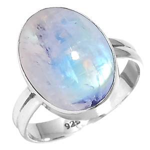JEWELOPORIUM 925 Sterling Silver Ring for Women White Natural Rainbow Moonstone Stone Boho Silver Ring Size 8 Christmas - Gift Statement Jewelry