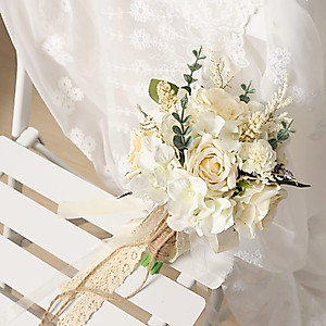 CEWOR Wedding Bouquets for Bride Bridesmaid, White Champagne Artificial Roses Flowers Wedding Decoration (7.5in)