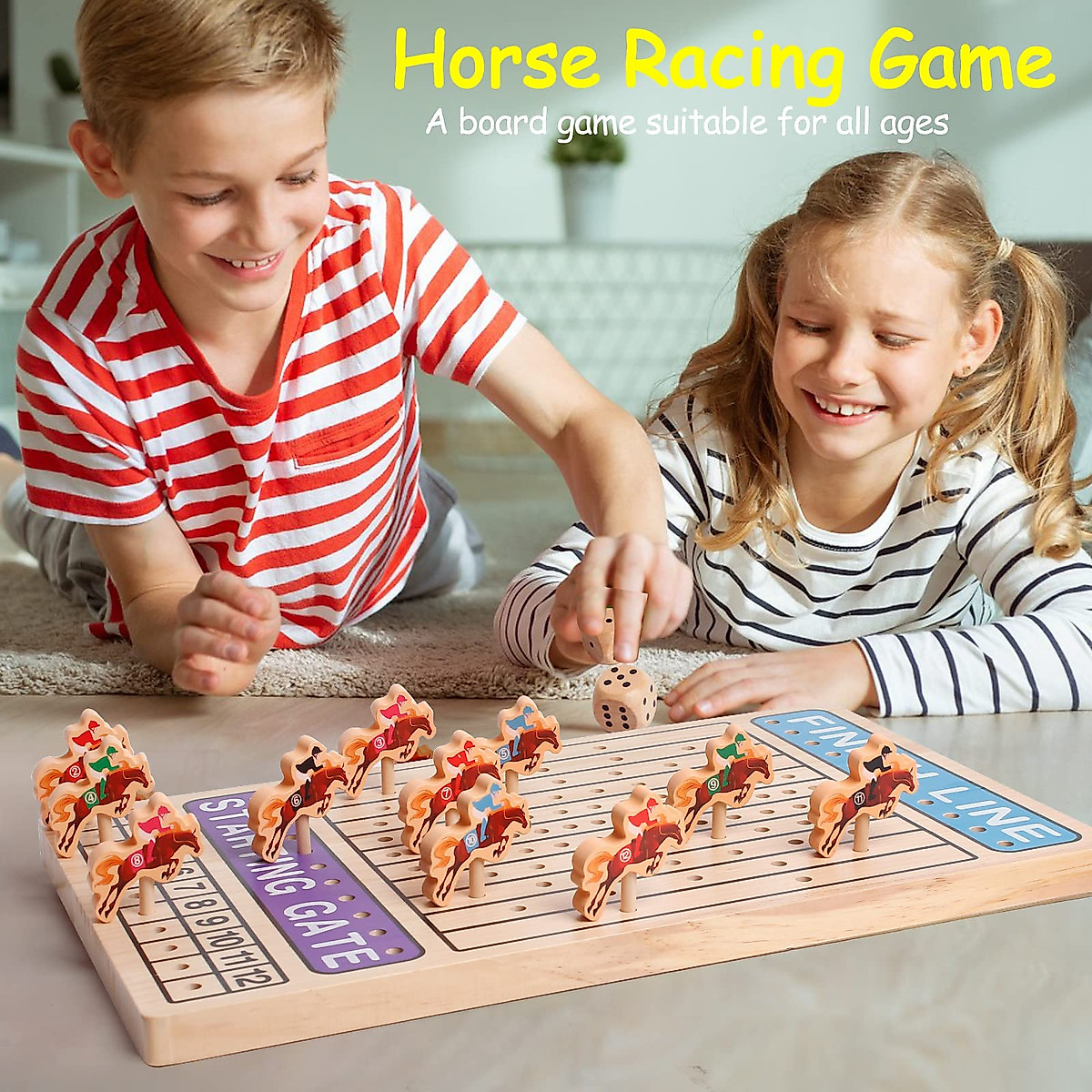BESTAMTOY Horse Racing Game Wooden Challenge Toy Poker Board Game with 11 Durable Horses Dice and Cards for Kids Family Game Brain Teaser Gambling Game