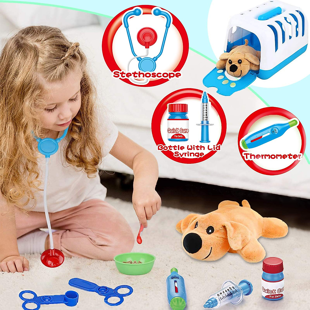 KAEGREEL Pet Care Playset with Pet Case Stethoscope Kids Veterinary Kit Treating, Pretend Play Toys Birthday Gifts for Boys Girls Aged 3-8 Years Old