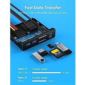 GRAUGEAR 3.5 Inch Front Panel USB C Hub, SD/microSD Internal Card Reader, 20Gbps USB 3.2 Gen 2x2, 20-pin Type-E Key-A Header & USB3.0 Header & 15-Pin SATA Power Connector Required [G-MP01CR]