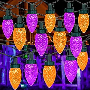 KAQ-2PK 100 LED 66ft Extendable C9 Halloween String Lights, Outdoor Halloween Tree Lights Green Wire for Patio Christmas Trees Fall Lights Halloween Decorations (Orange and Purple)