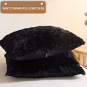 MEGO Luxury Shaggy Plush Duvet Cover Set, Ultra Soft 3 Pieces Fluffy Faux Fur Comforter Cover Set, Fuzzy Bedding Set(1 Furry Duvet Cover + 2 Pillow Shams), Zipper Closure(Queen, Black)