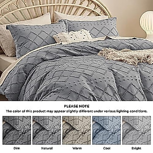 Bedsure Boho Duvet Cover Queen Size - Boho Bedding, Tufted Queen Duvet Cover for All Seasons, 3 Pieces Embroidery Shabby Chic Home Bedding,Comforter Not Included (Grey, 90" x 90")