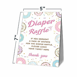 JCVUK Baby Shower Games, 1 Diaper Raffle Standing Sign with 50 Diaper Raffle Tickets,Donut Love Theme Babyshower Party Decorations and Supplies For Boys or Girls(LBLK-B09)