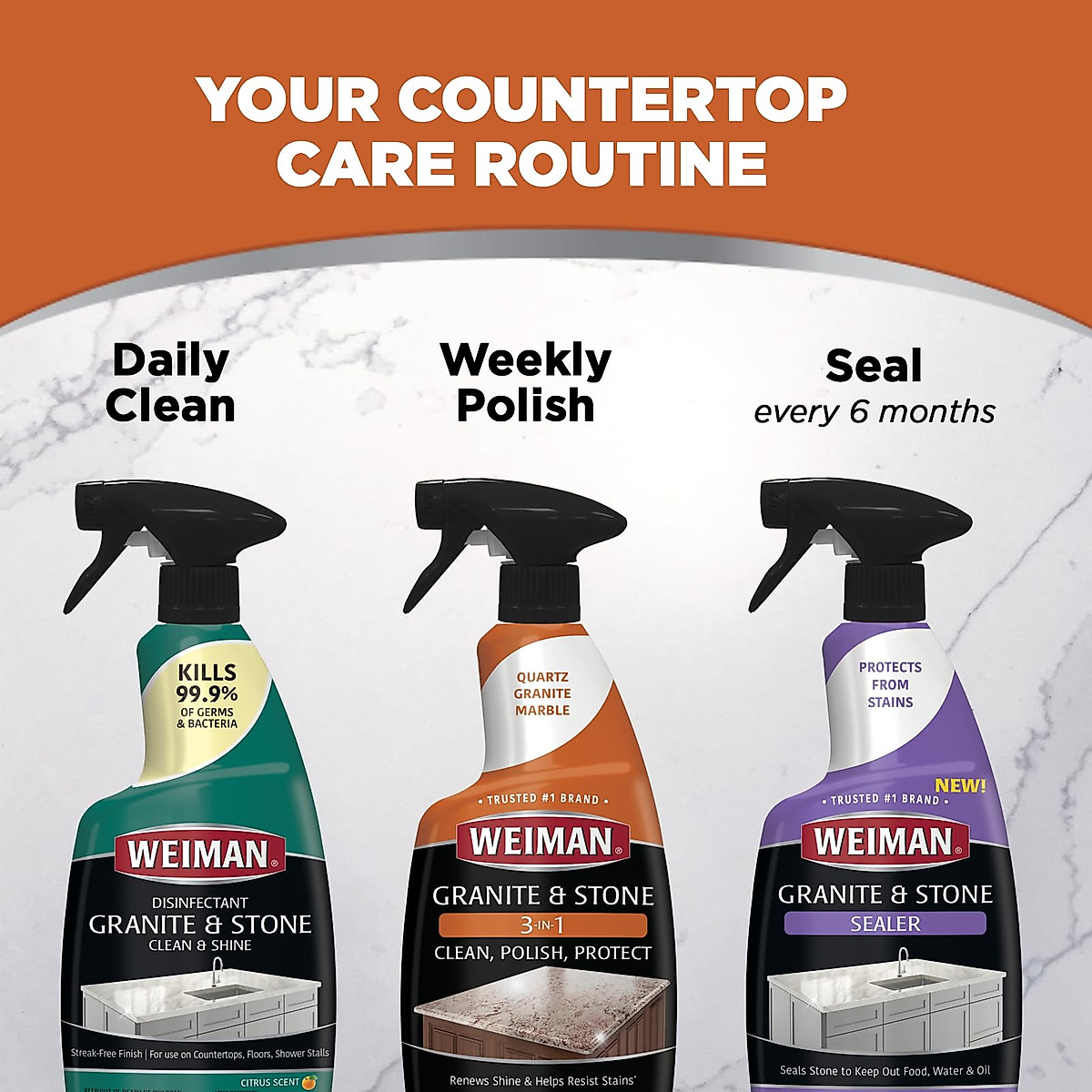 Weiman Granite Cleaner Polish and Protect 3 in 1 - 2 Pack - Streak-Free, pH Neutral Formula for Daily Use on Interior & Exterior Natural Stone