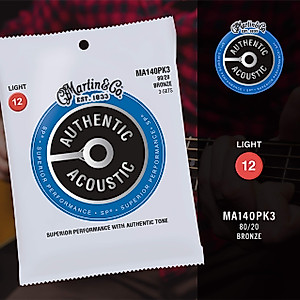 Martin Authentic Acoustic Guitar Strings, Superior Performance Light 12-54, 80/20 Bronze, 3 Pack