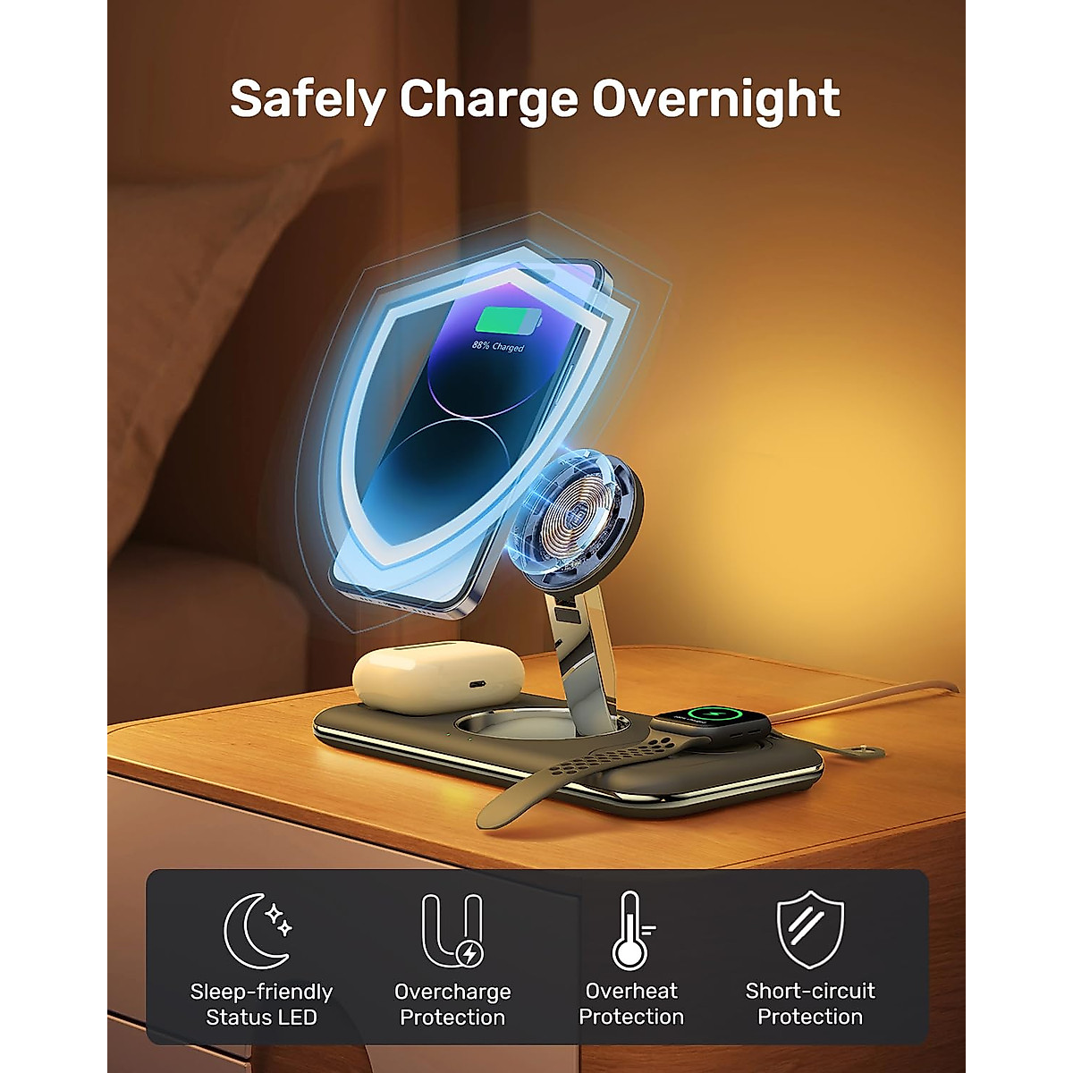 Foldable 3 in 1 Wireless Charger, Metal Design, NELUXFE Charging Station Compatible with MagSafe for iPhone 14/13/12 Pro Max, Apple Watch and AirPods (Black)