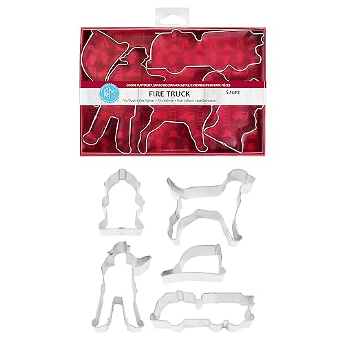 R&M International Fire Truck Cookie Cutters, Firefighter, Truck, Helmet, Hydrant, Dog, 5-Piece Set